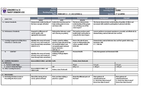 Dll Mapeh 1 Q3 W1 Llllllllllllllllllllllllllll Grades 1 To 12 Daily Lesson Log School Grade