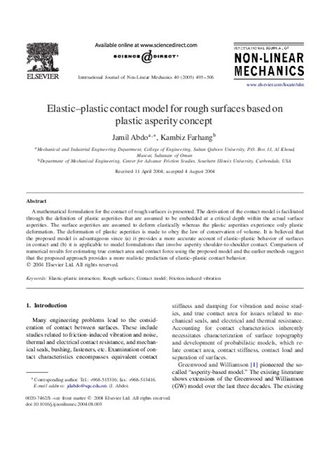Pdf Elastic Plastic Contact Model For Rough Surfaces Based On Plastic Asperity Concept
