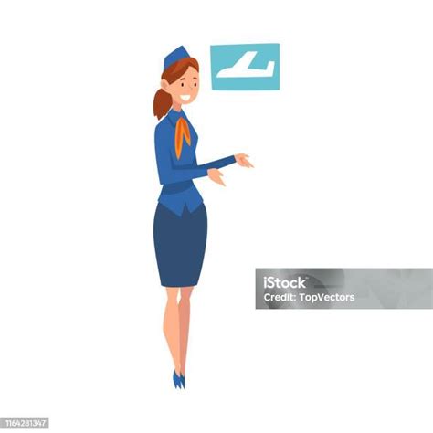 웃고 있는 스튜어디스 캐릭터 입고 있는 파란 유니폼 하기 환영 제스처 벡터 일러스트 0명에 대한 스톡 벡터 아트 및 기타 이미지 Istock