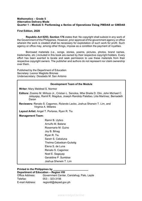 Math 5 Module 5 Performing A Series Of Operations Using Pmdas Or Gmdas Grade 5 Modules