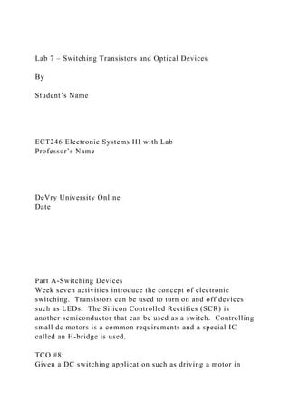 Lab 7 Switching Transistors And Optical DevicesBybabe Docx