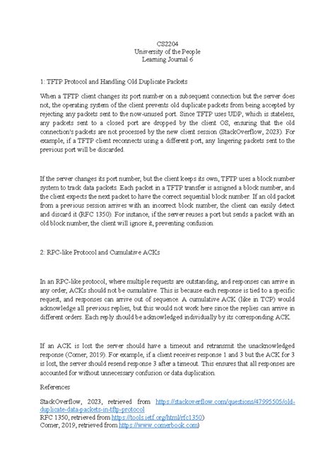 Cs2204 Learning J 6 Cs2204 Lj Unit 6 Cs University Of The People Learning Journal 6 1 Tftp