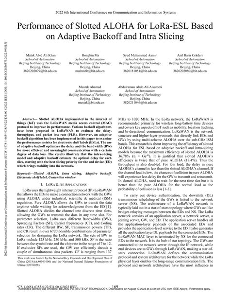 pdf performance of slotted aloha for lora esl based on adaptive backoff and intra slicing