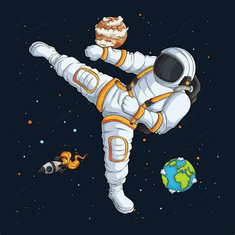 Hand Drawn Karate Or Kickboxing Astronaut In Spacesuit Doing A Fly Kick