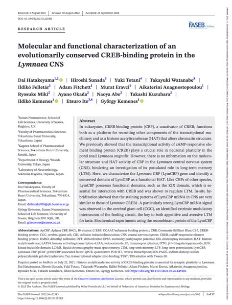 Pdf Molecular And Functional Characterization Of An Evolutionarily Conserved Creb Binding
