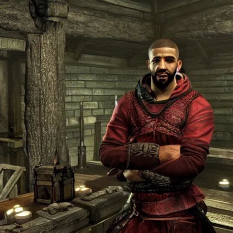 Drake As A Redguard In Skyrim Working In A Tavern Stable Diffusion