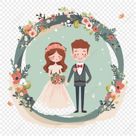 꽃 일러스트 만화와 화환에 신부와 신랑의 투명 웨딩 클립 아트 커플 벡터 Png 일러스트 무료 다운로드 Lovepik