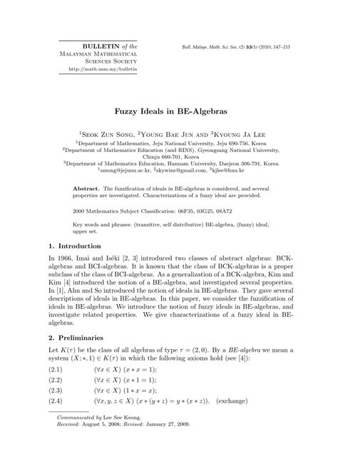 PDF Fuzzy Ideals In BE Algebras