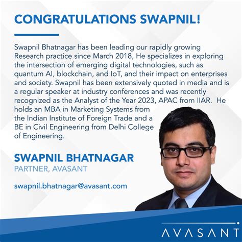 Avasant On Linkedin Congratulations To Swapnil Bhatnagar On His