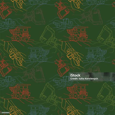 건설 장비의 이미지와 벡터 원활한 패턴 노란색 로더 굴삭기 녹색 배경에 트럭 낙서 스타일 직물 종이 어린이 옷에 인쇄용 0명에 대한 스톡 벡터 아트 및 기타 이미지 Istock
