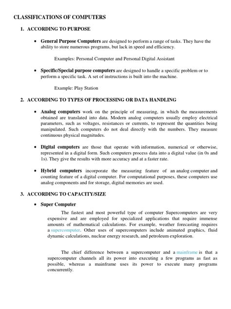 Classifications Of Computers 1 According To Purpose Pdf