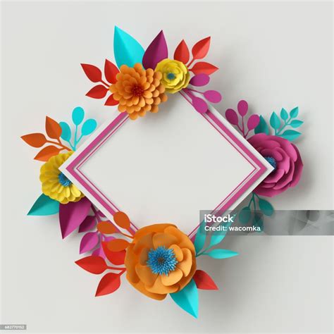 3d 렌더링 디지털 일러스트 레이 션 생생한 종이 꽃 사각형 꽃 프레임 휴일 카드 템플릿 흰색 배경에 고립 축제 화 환 생일