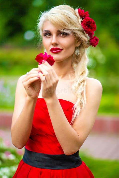 Half Length Portrait Of Pretty Woman In Red Dress Stock Image Image Of Makeup Grass 317434103