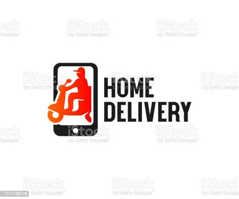 택배 스마트폰으로 스쿠터로 의 한 배송 디자인 운송 음식 및 온라인 쇼핑 벡터 디자인 및 일러스트레이션 로고에 대한 스톡 벡터