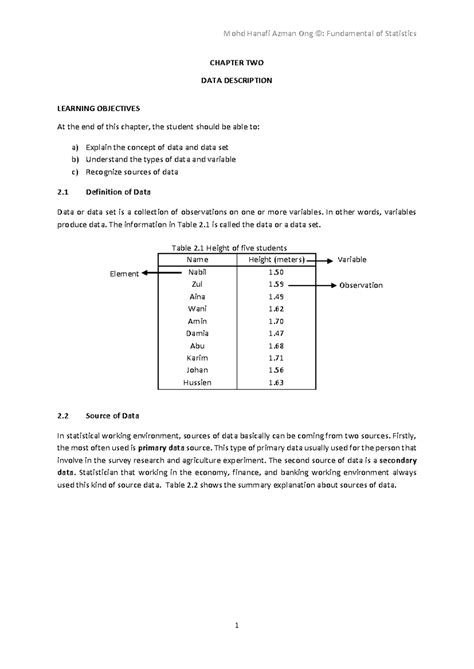 Chapter Two Chapter Two Data Description Learning Objectives At The End Of This Chapter The
