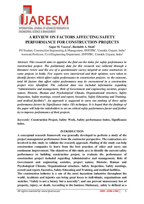 Pdf A Review On Factors Affecting Safety Performance For Construction Projects