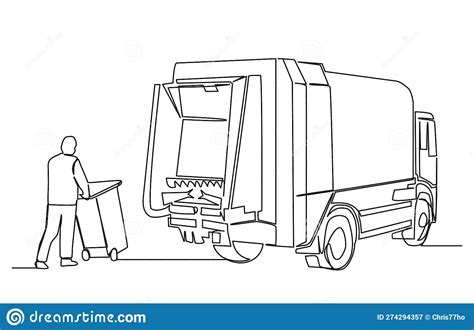 Single Line Drawing Of Garbage Truck And Garbage Collector With Garbage Can Stock Illustration