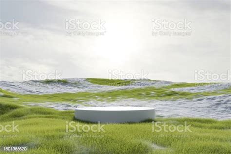 Abstact 3d는 겨울 장면과 자연 연단 배경 눈과 잔디밭을 배경으로 구름과 하늘에 하얀 연단을 렌더링하여 제품 스탠드 디스플레이 광고 화장품 등을 제공합니다 강단에