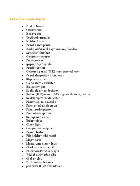 List Of Classroom Objects Pdf