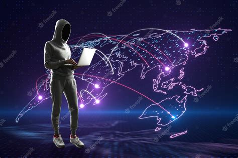 premium photo hacker in hoodie using laptop with glowing map and connections on purple
