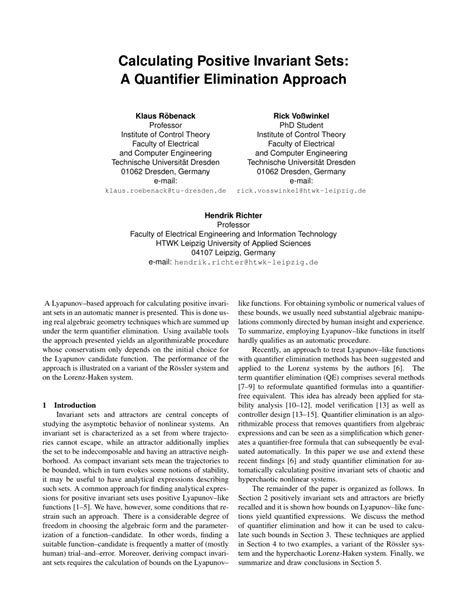 Pdf Calculating Positive Invariant Sets A Quantifier Elimination Approach