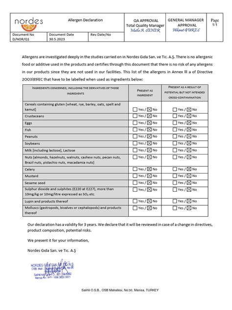 D Nor Q1 Allergen Declaration Pdf Nut Fruit Vegan Cuisine