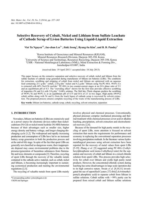 Pdf Selective Recovery Of Cobalt Nickel And Lithium From Sulfate