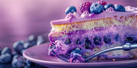 Slice Of Blueberry Cake With Fork Generative Ai Stock Illustration