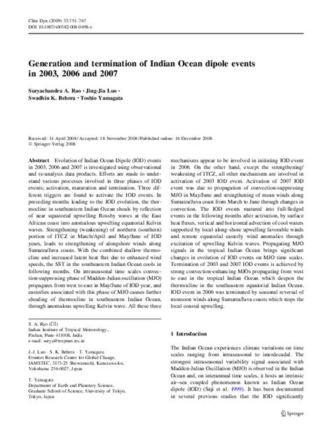 Pdf Generation And Termination Of Indian Ocean Dipole Events In 2003