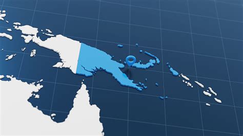 파푸아뉴기니의 푸른 3d 지도는 포인터 핀이 있고 다른 나라는 흰색으로 둘러싸여 있습니다 국경이 있는 정치 지도 3d 렌더링 일러스트레이션 3차원 형태에 대한 스톡 사진 및