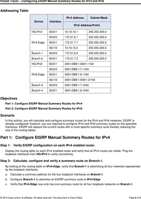 Packet Tracer Configuring EIGRP Manual Summary Routes For IPv And IPv Instructions