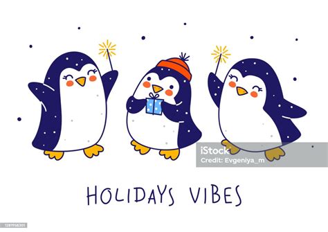 흰색 배경에 고립 된 귀여운 작은 펭귄 재미있는 크리스마스와 새해 휴일 인사말 카드와 포스터 디자인을위한 그룹 만화 캐릭터 크리스마스에 대한 스톡 벡터 아트 및 기타 이미지