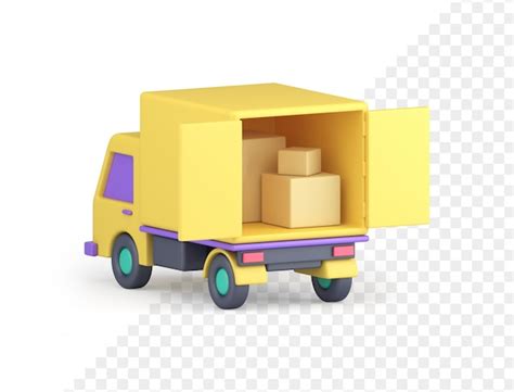 노란색 화물 택배 특급 배달 트럭 상자 소포 컨테이너 팩 현실적인 3d 아이콘 프리미엄 Psd 파일