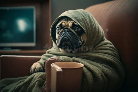 Pug Dog Wrapped In Blanket With Coffee Mug In Front Of Him Generative