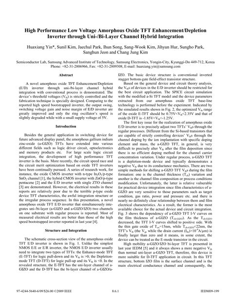 Pdf High Performance Low Voltage Amorphous Oxide Tft Enhancementdepletion Inverter Through
