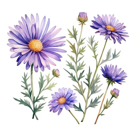 Ensemble Daquarelle Fleur Dastère Isolé Fond Blanc Vecteur Premium