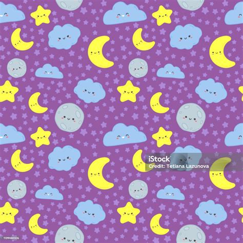 밤 하늘 완벽 한 패턴입니다 수 면 얼굴 구름과 별 귀여운 달 아이 직물 인쇄 벡터 만화 일러스트 레이 션 0명에 대한 스톡