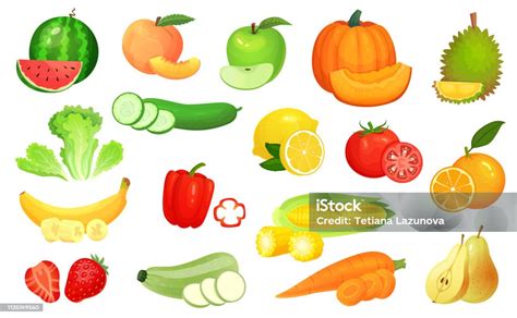 얇게 썬 음식 다진 야채와 슬라이스 과일 야채 과일과 열매를 잘라 만화 벡터 일러스트 레이 션 세트 슬라이스 과일에 대한 스톡