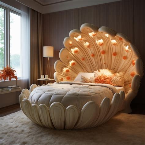 Premium Ai Image There Is A Bed With A Large Shell Shaped Headboard In A Room Generative Ai