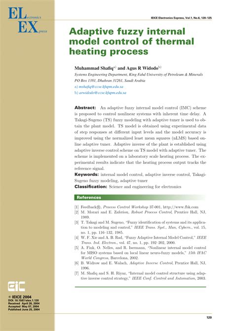 Pdf Adaptive Fuzzy Internal Model Control Of Thermal Heating Process