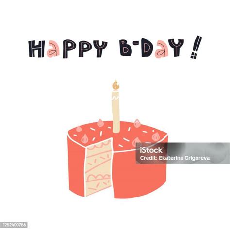 크림 장미 토핑과 촛불 한 조각없이 레터링과 귀여운 핑크 케이크와 생일 축하 인사말 카드 디자인 격리된 배경에 벡터 손으로 그린 그림 과일에 대한 스톡 벡터 아트 및 기타