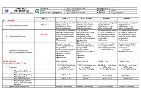 Filipino 10 Daily Lesson Log Grade 1 To 12 Daily Lesson Log Pang Araw Araw Na Tala Sa