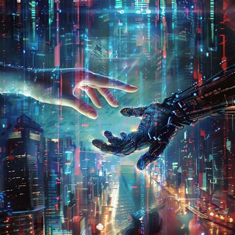 Human And Robotic Hands Reaching Across Futuristic Cityscape Stock Illustration Illustration