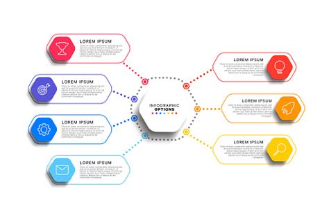 7 단계 흰색 배경에 현실적인 육각적 요소와 인포 그래픽 템플릿을 단계 비즈니스 프로세스 다이어그램 회사 프리젠 테이션 슬라이드 템플릿 최신 벡터 정보 그래픽 레이아웃