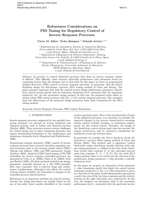Pdf Robustness Considerations On Pid Tuning For Regulatory Control Of Inverse Response Processes