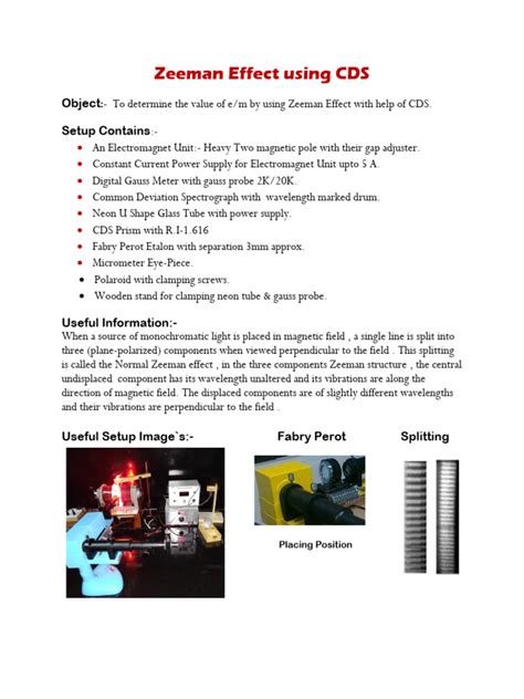 Zeeman Effect Experiment With Cds Setup Pdf Wavelength Teaching Methods And Materials