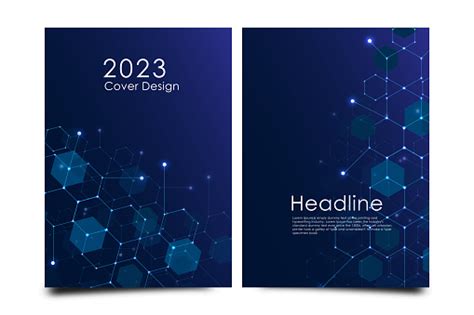 브로셔 표지 배너 전단지 연례 보고서 전단지에 대 한 현대 벡터 템플릿입니다 육각형 연결 선 및 점이있는 추상 미술 구성 파란색 배경에 대한 스톡 벡터 아트 및 기타 이미지
