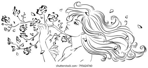 Sketch Beautiful Girl Branch Sakura Vector Stock Vector Royalty Free 795624760 Shutterstock