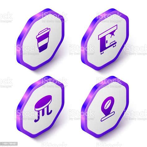 아이소메트릭 커피 컵을 이동 기계 테이블 및 커피 원두 아이콘으로 설정합니다 보라색 육각형 버튼 벡터 3차원 형태에 대한 스톡 벡터 아트 및 기타 이미지 Istock