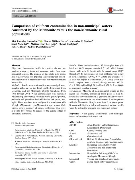 Pdf Comparison Of Coliform Contamination In Non Municipal Waters Consumed By The Mennonite